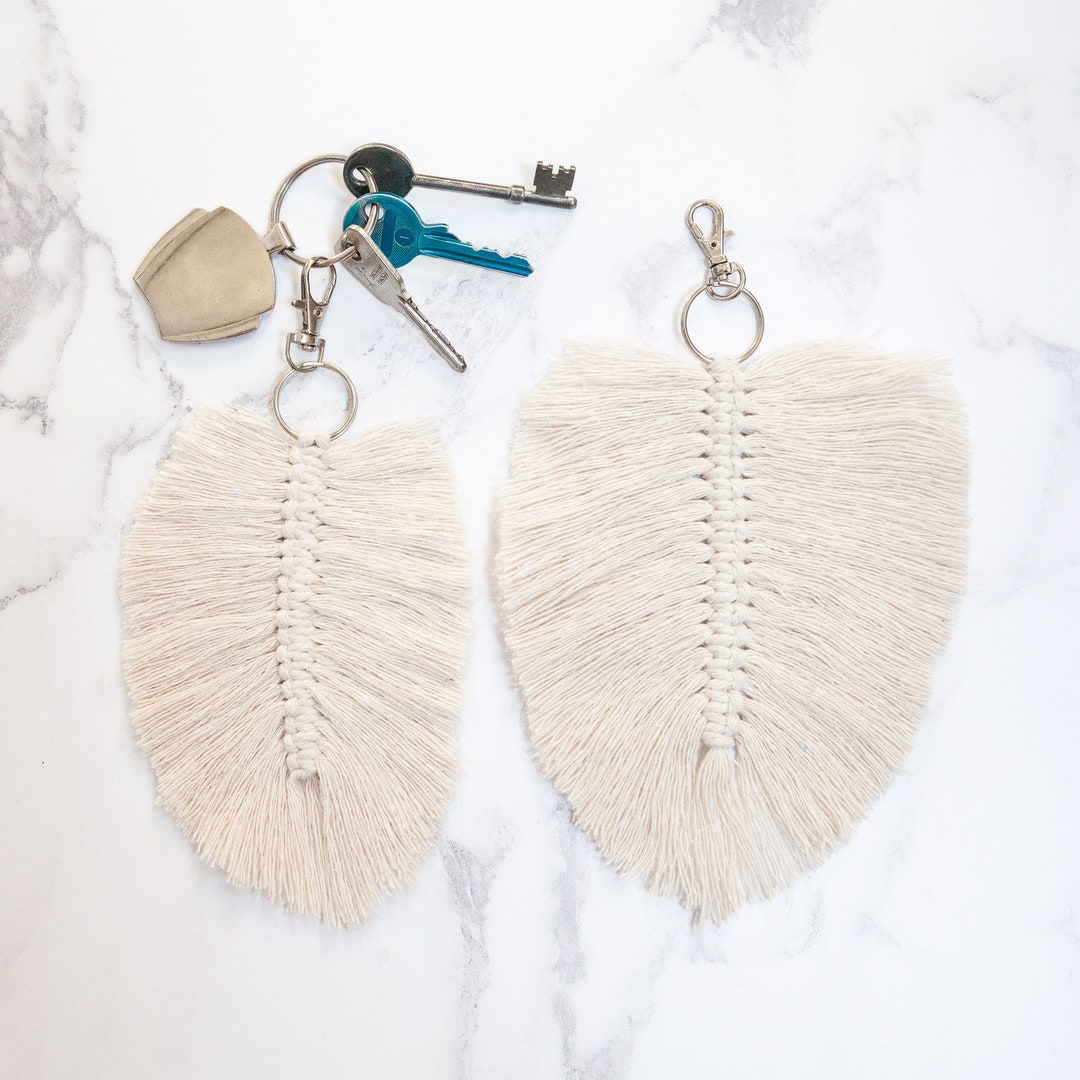 Macrame Feather Keyring. Cotton Macrame Leaf Keyring. Handmade From ...