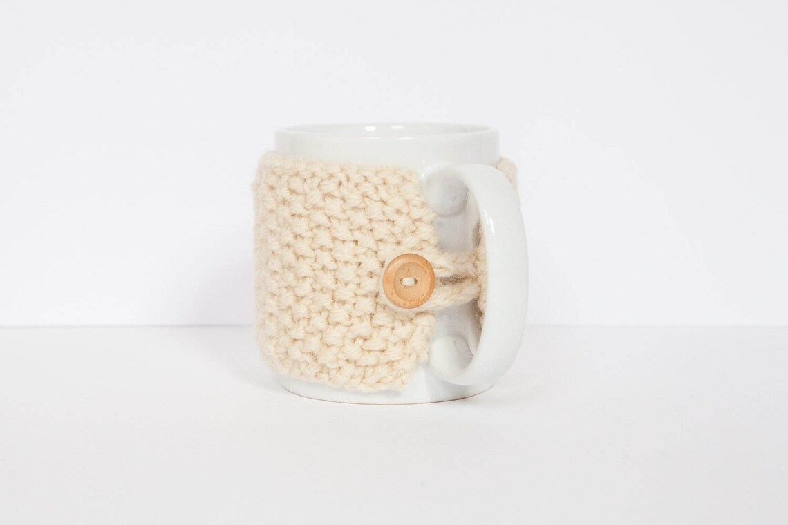 A Knitted Mug Cosy, Cup Cosy, Mug Cosies, Coffee Cosy in Cream / Beige ...
