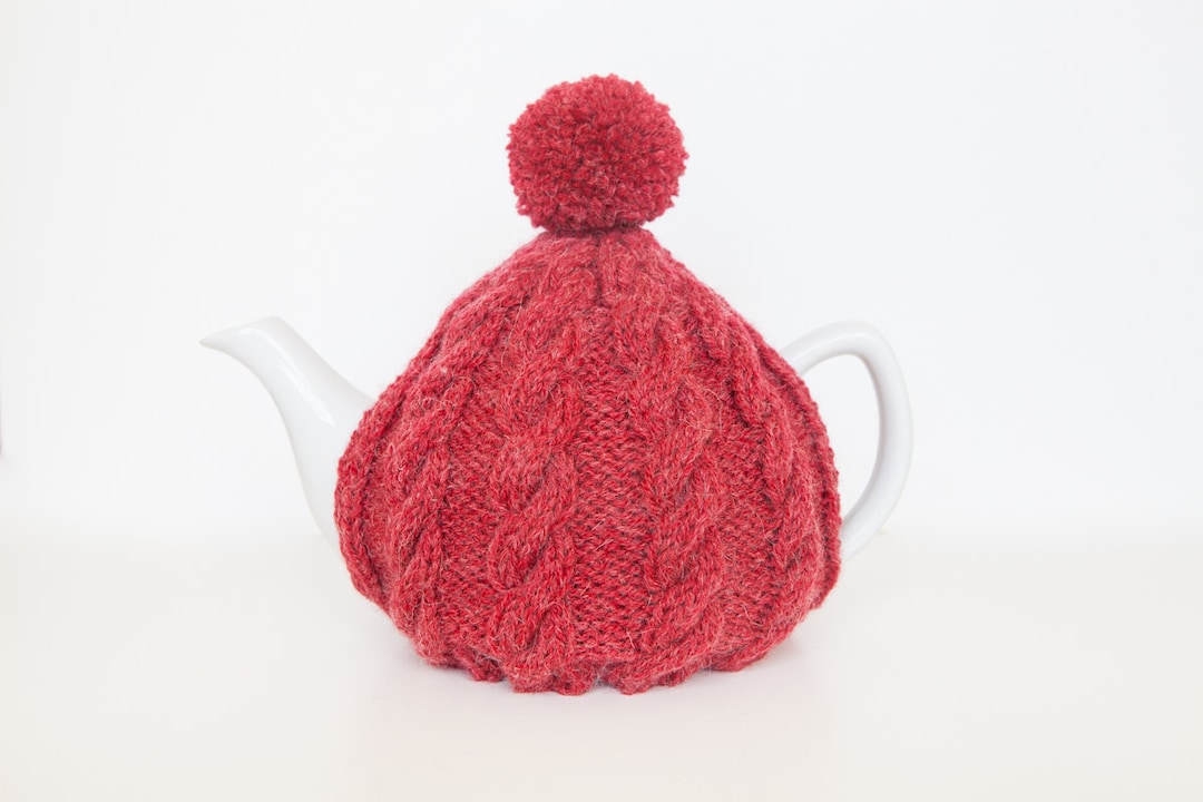 Red Hand Knit Tea Cosy - Pom Pom Tea Cosy - Wool Tea Cosy - Teapot ...