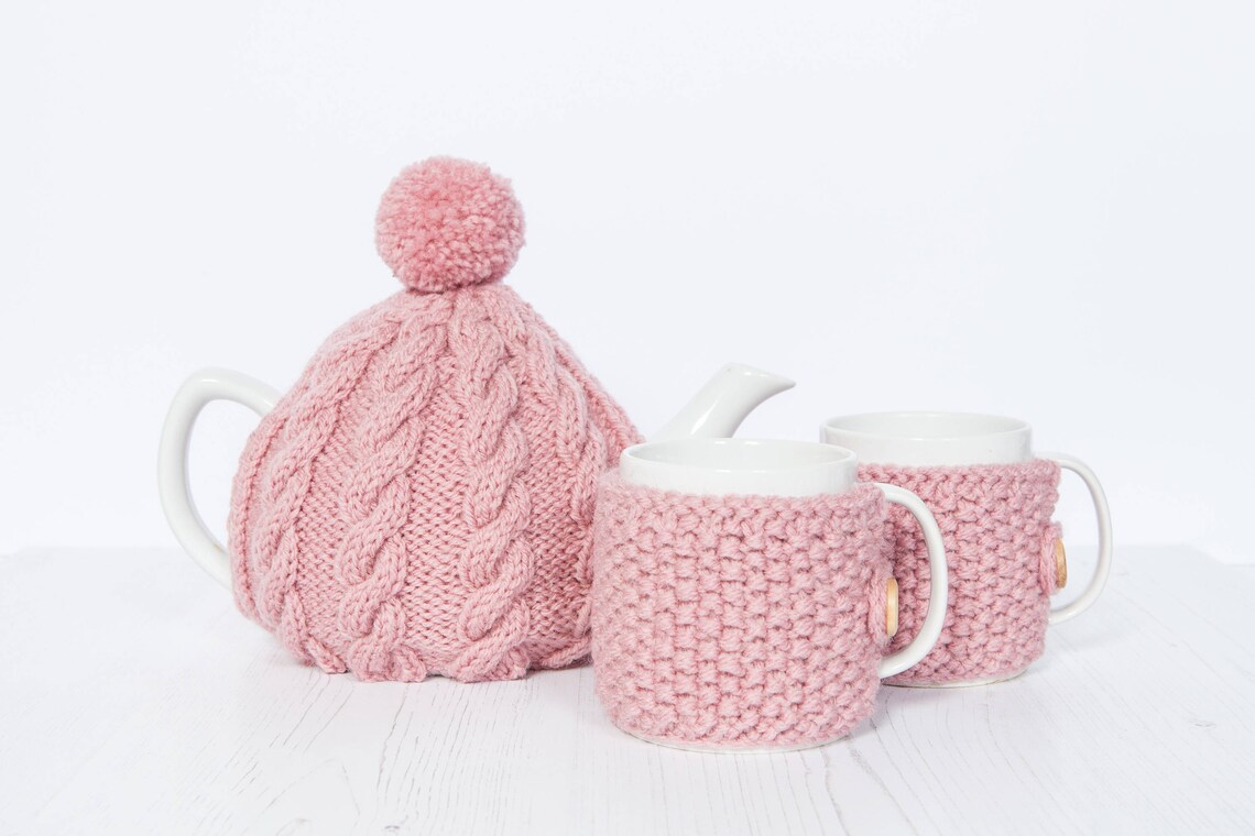 Pink Hand Knit Tea and Mug Cosy Set Pom Pom Tea Cosy Set | Etsy