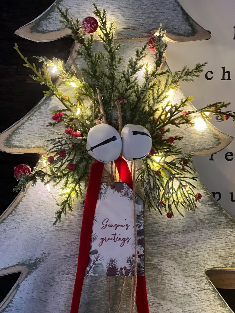 Hand Made Snow Covered Wooden Tree With Lights, Jute, Jingle Bells ...
