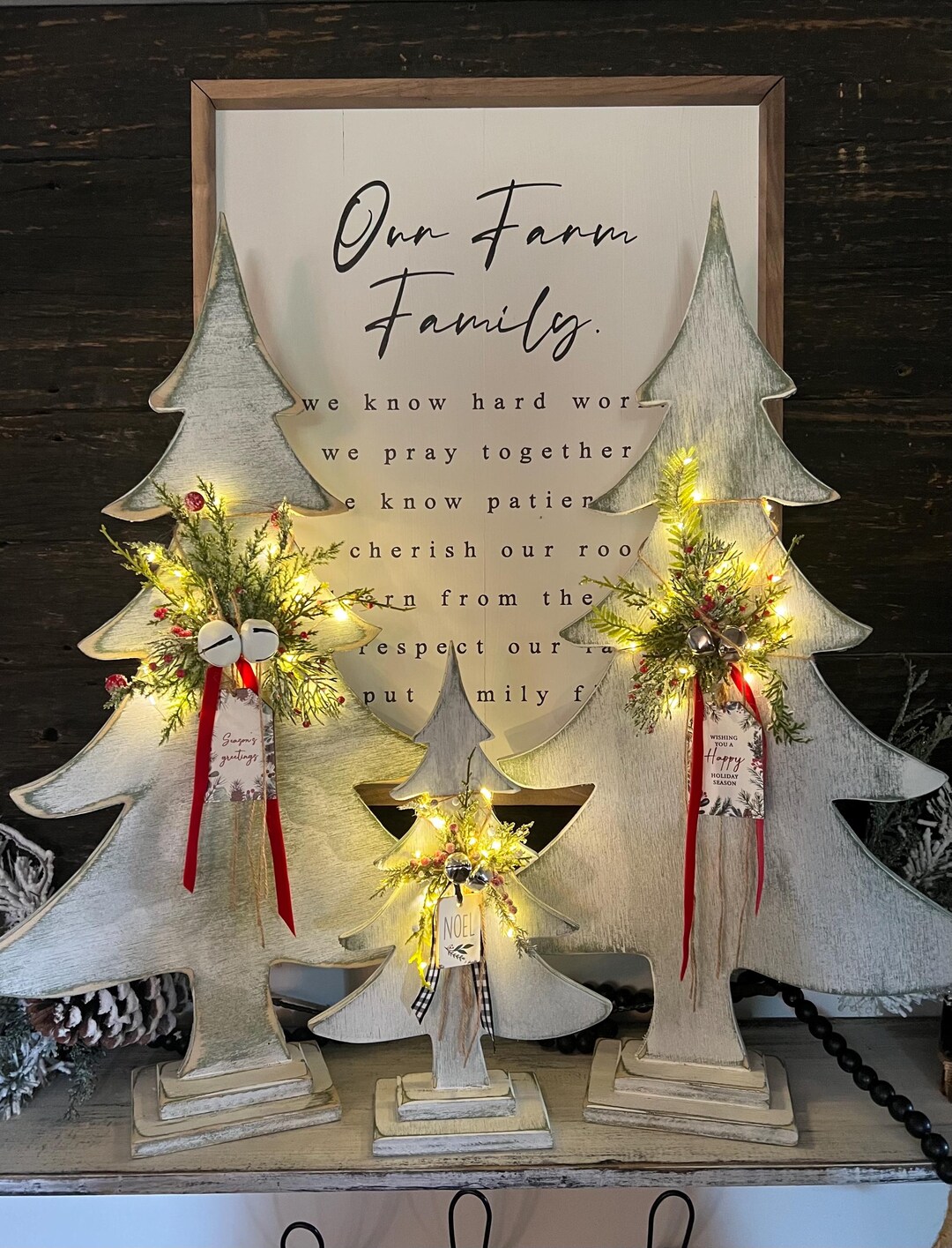 Hand Made Snow Covered Wooden Tree With Lights, Jute, Jingle Bells ...