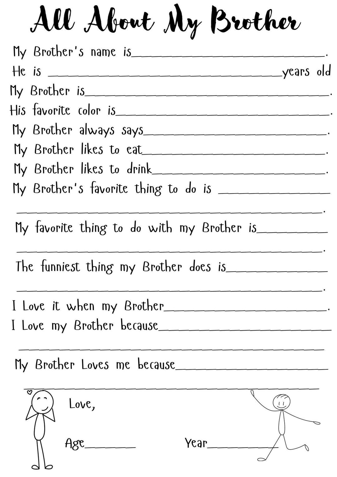 All About My Brother Printable, Brother Birthday, Sibling's Day ...