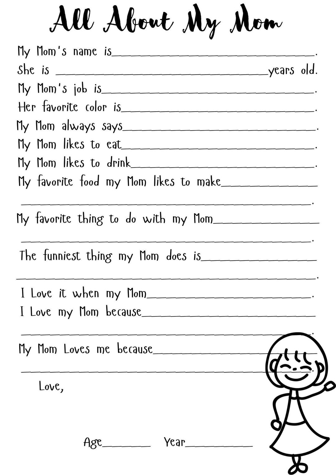 All About My Mom Printable Questionnaire, Mother's Day Birthday Gift ...