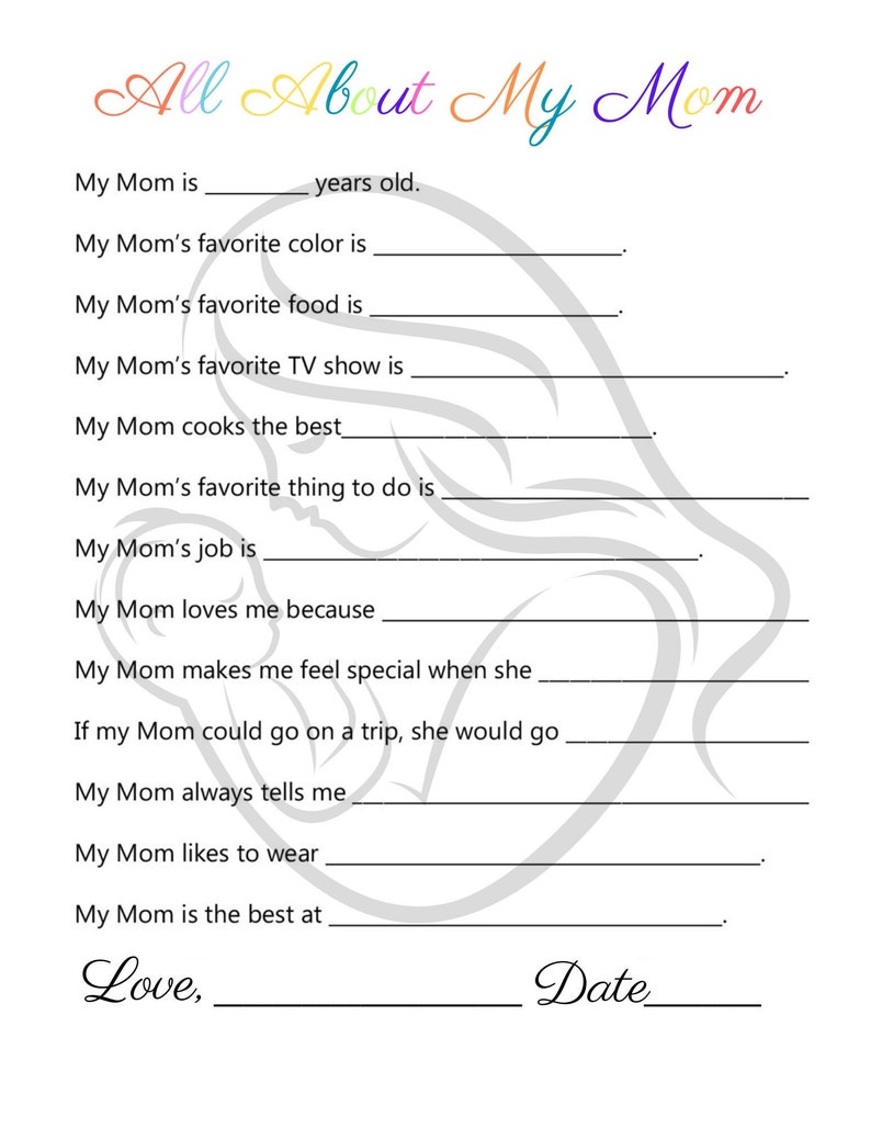 All About My Mom Printable Questionnaire, Mother's Day Birthday Gift ...