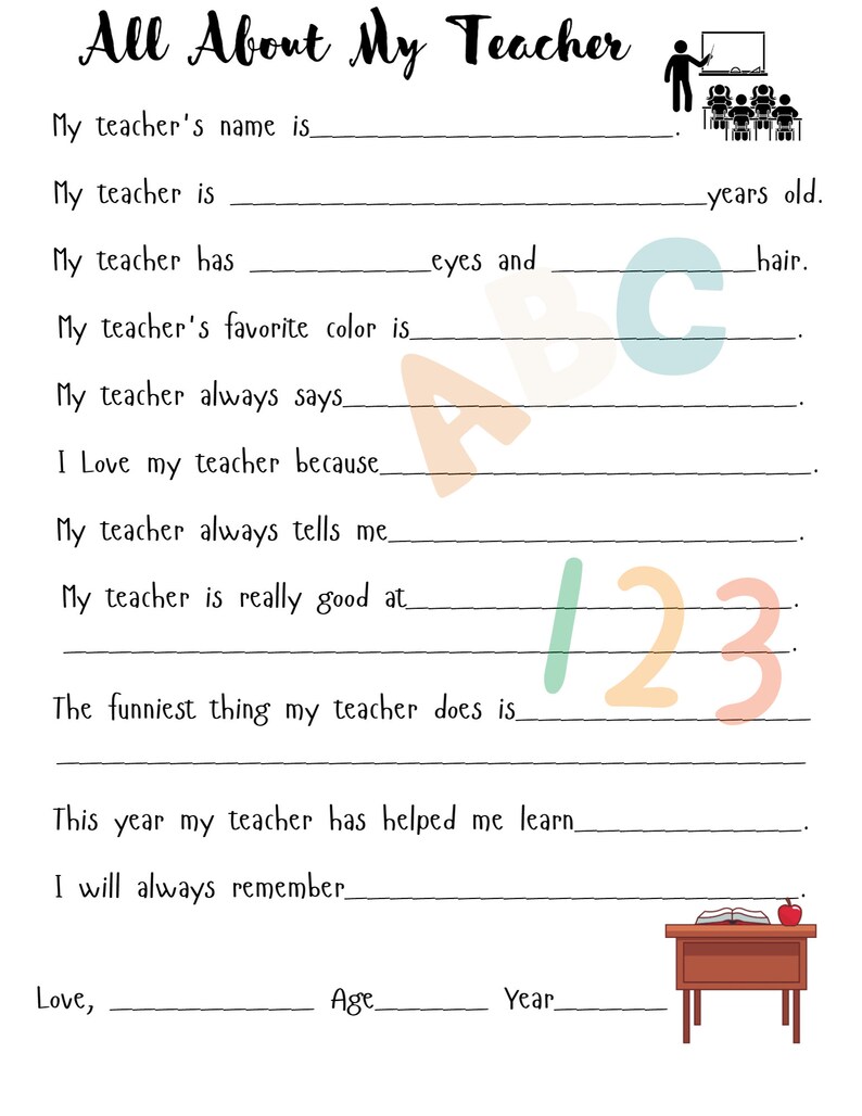 All About My Teacher 5 Printables, Teacher Birthday, Teacher Valentine ...