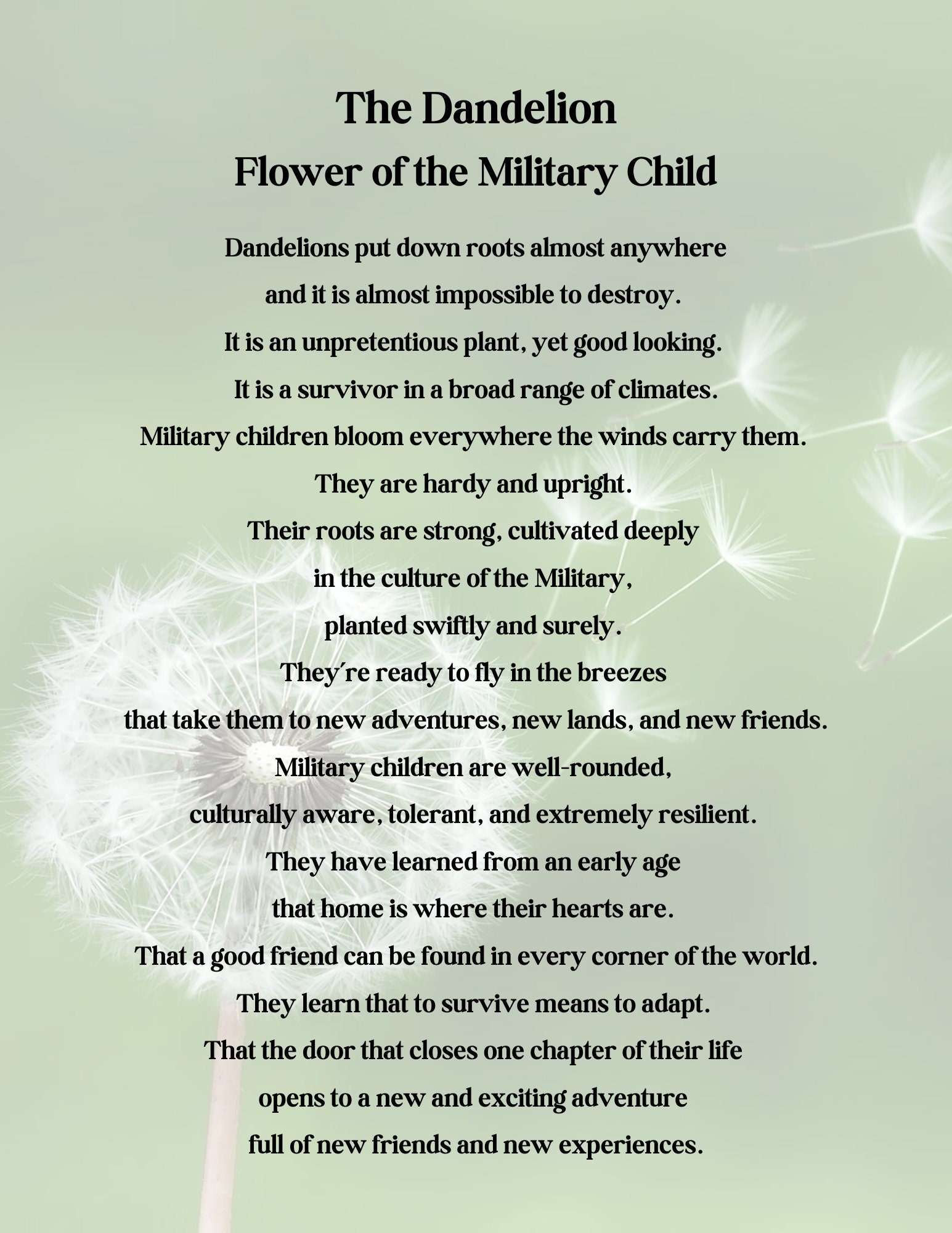 Dandelion Flower of the Military Child, Military Child Printable ...