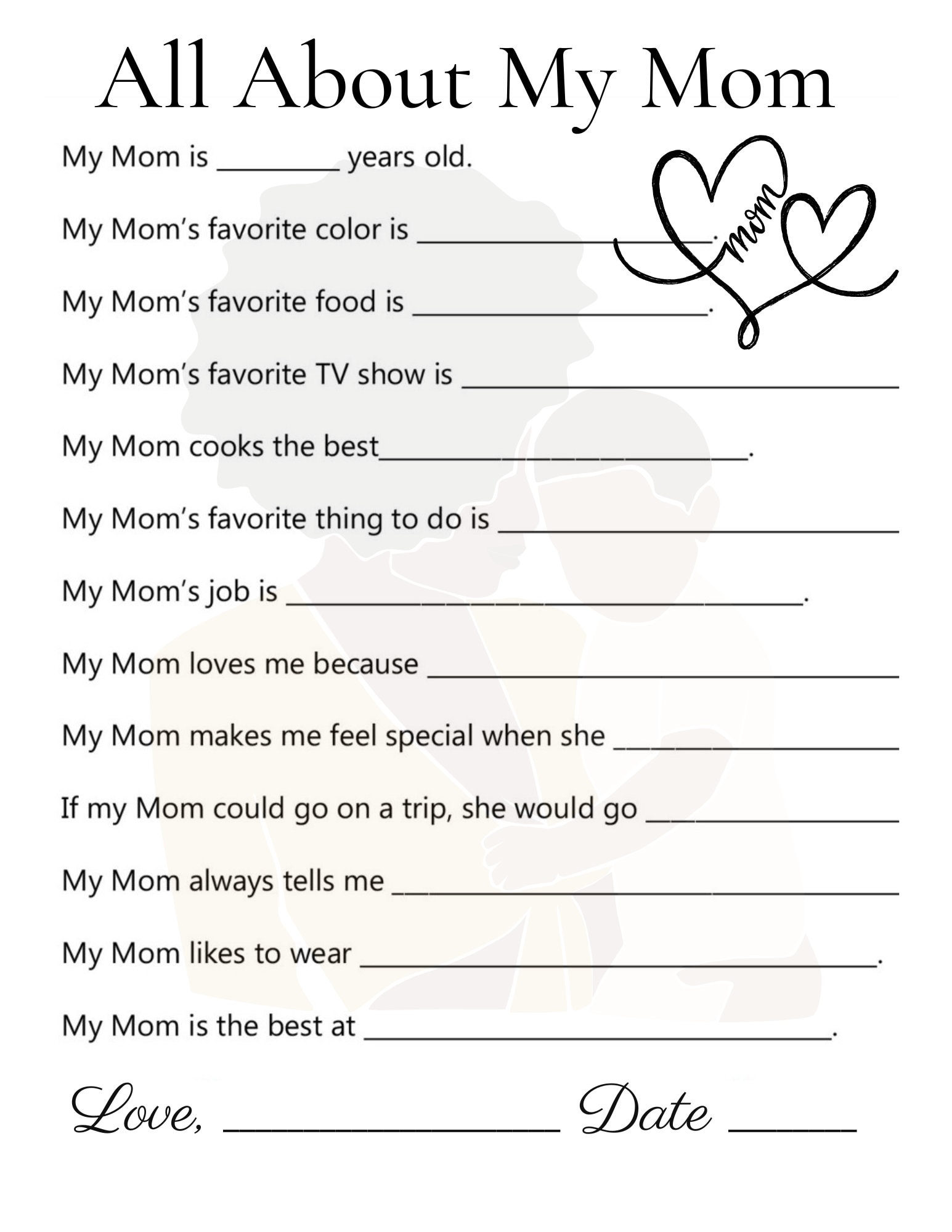 All About My Mom Printable Questionnaire, Mother's Day Gift (PNG Files ...