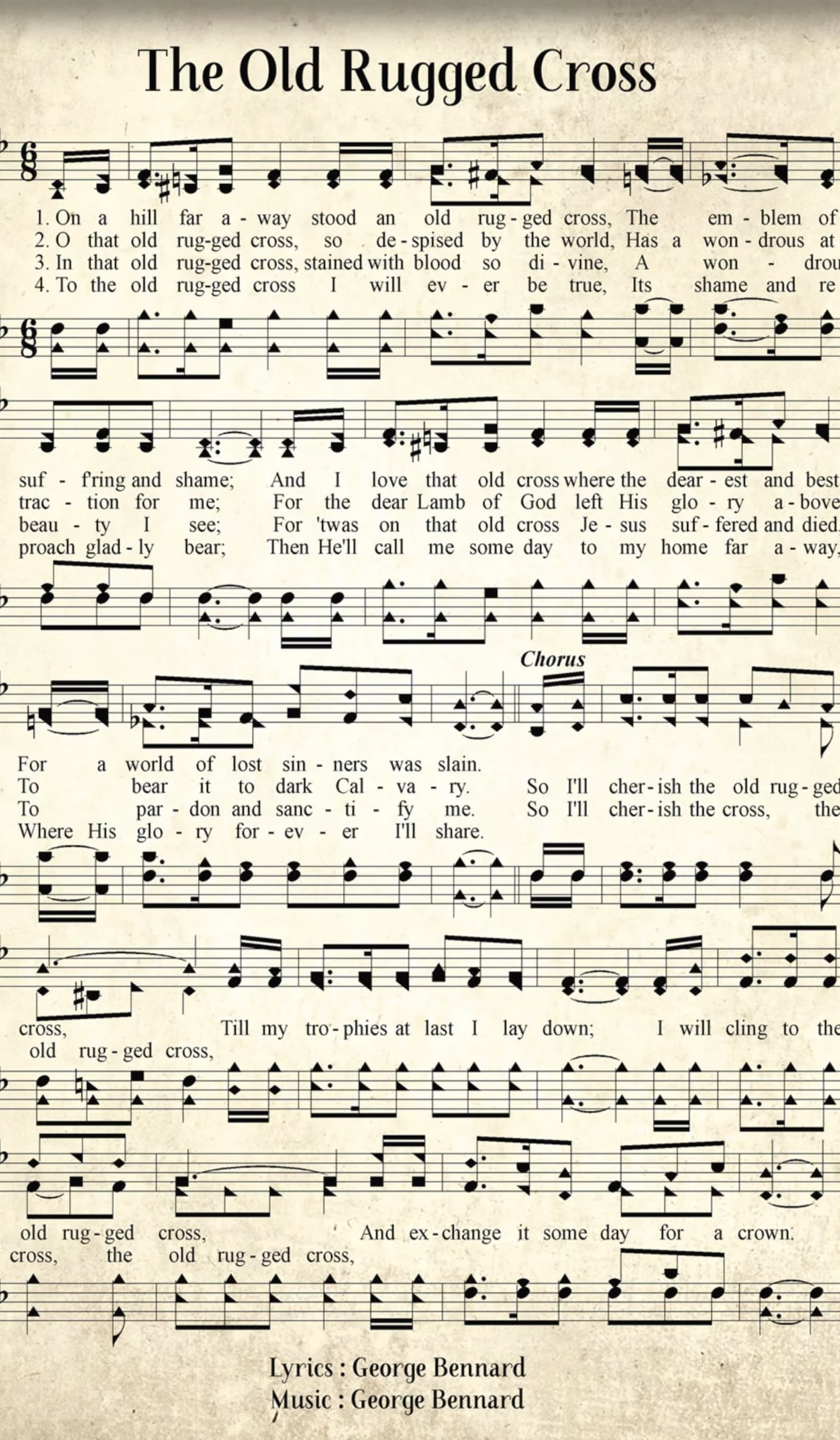 The Old Rugged Cross | Hymn Sheet Music | the Old Rugged Cross 12x24 Printable | Cling to the ...