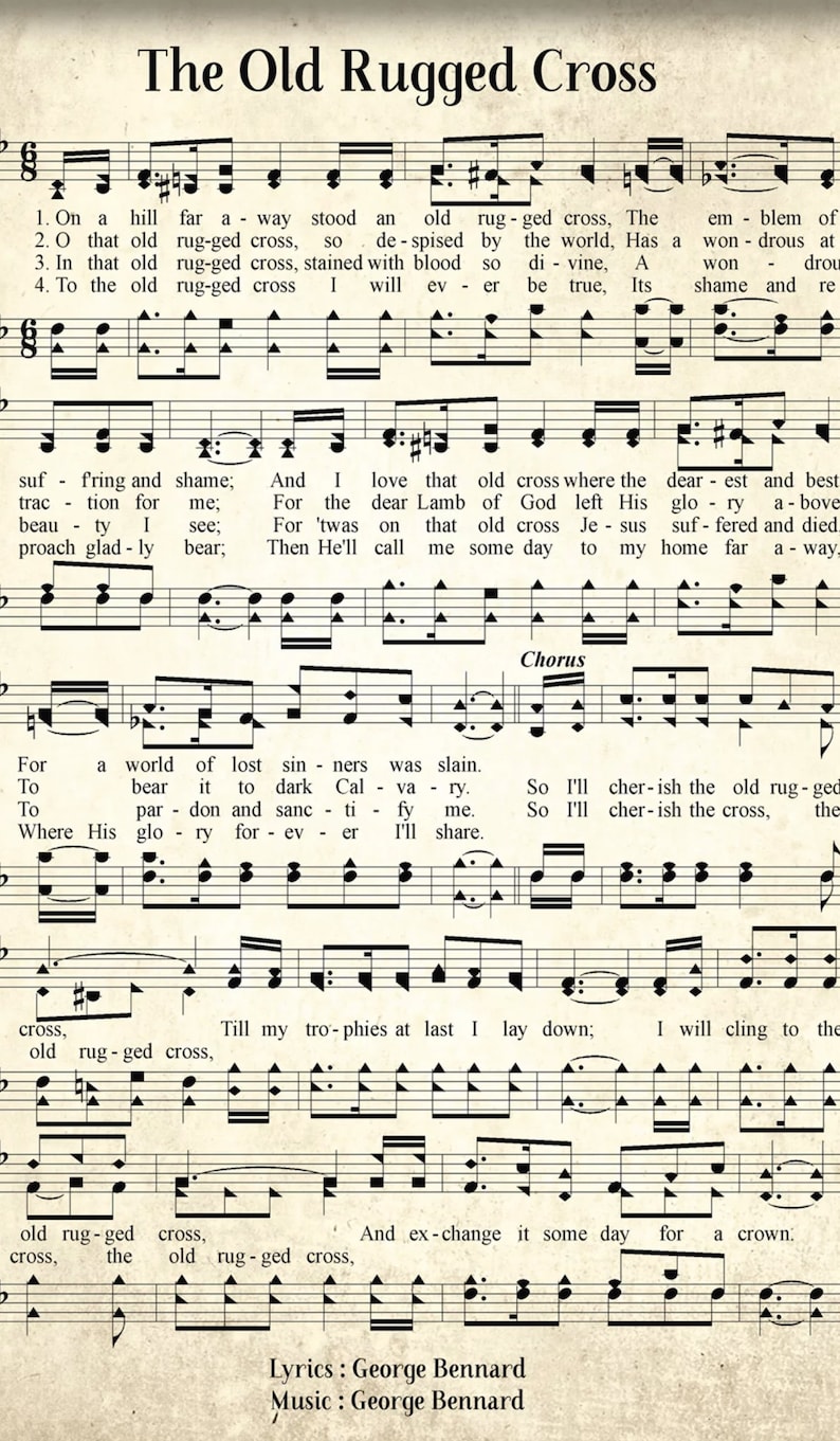 The Old Rugged Cross | Hymn Sheet Music | the Old Rugged Cross 12x24 Printable | Cling to the ...