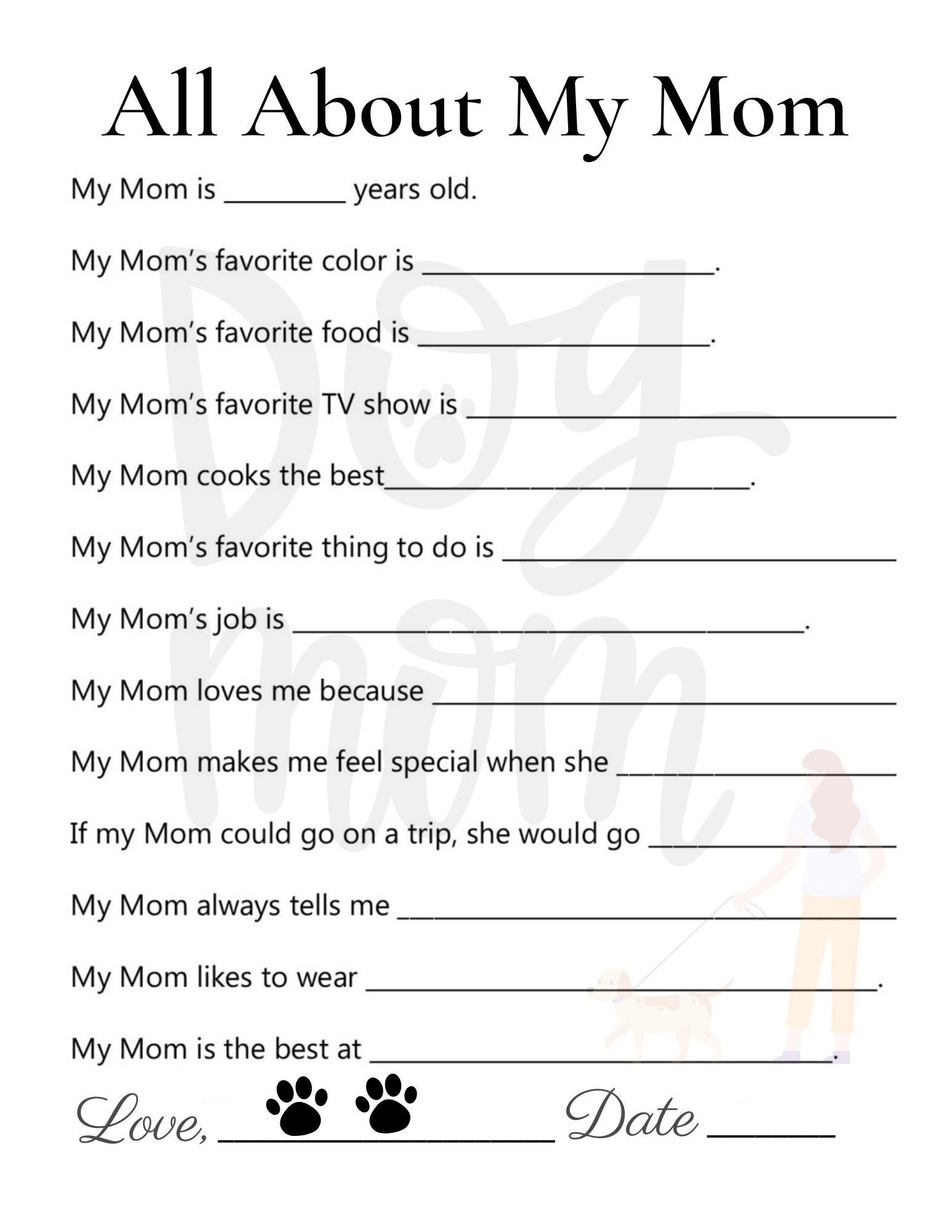 All About My Mom Printable Worksheet The Sweetest Printable Mother's