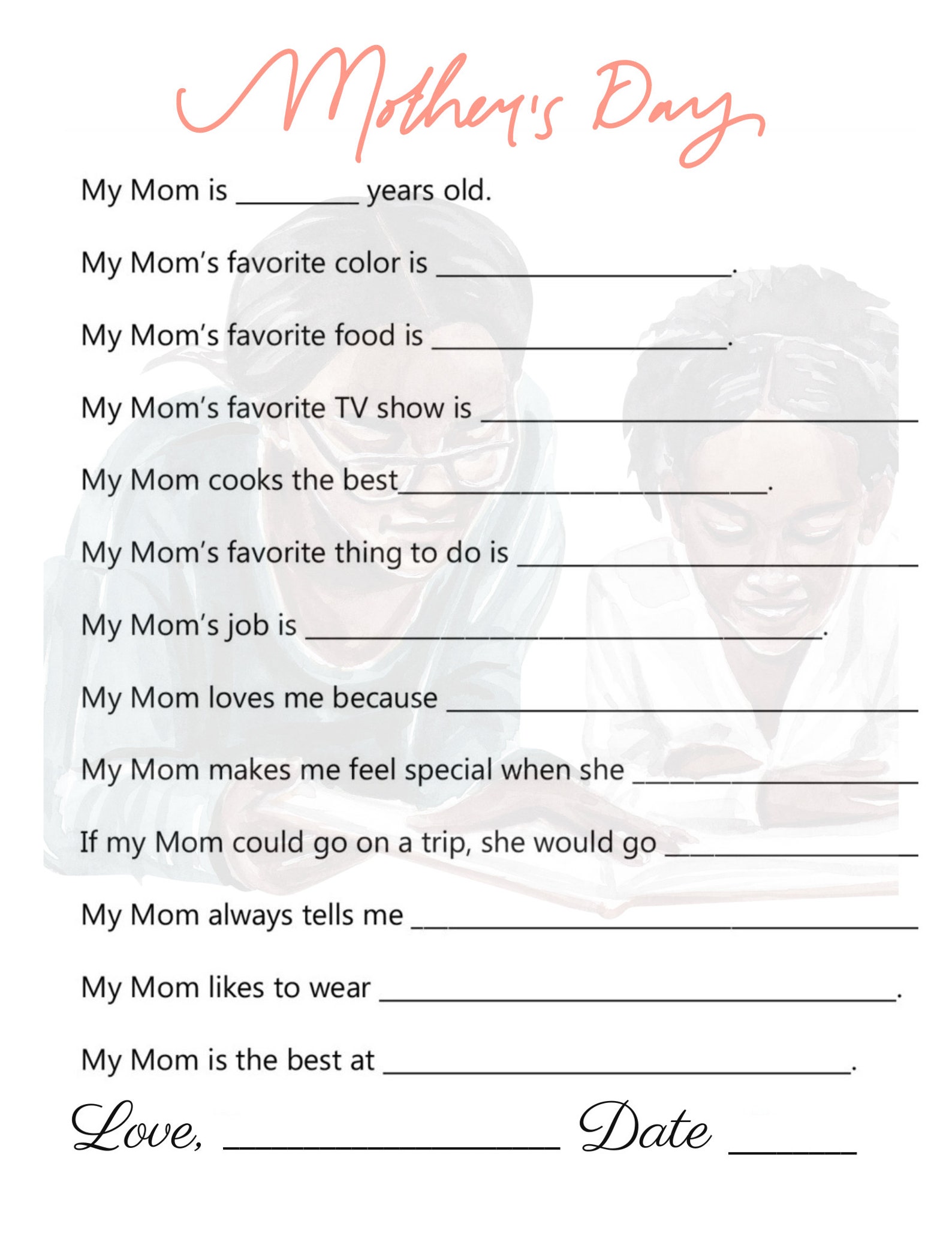 All About My Mom Printable Questionnaire, Mother's Day Gift (PNG Files ...