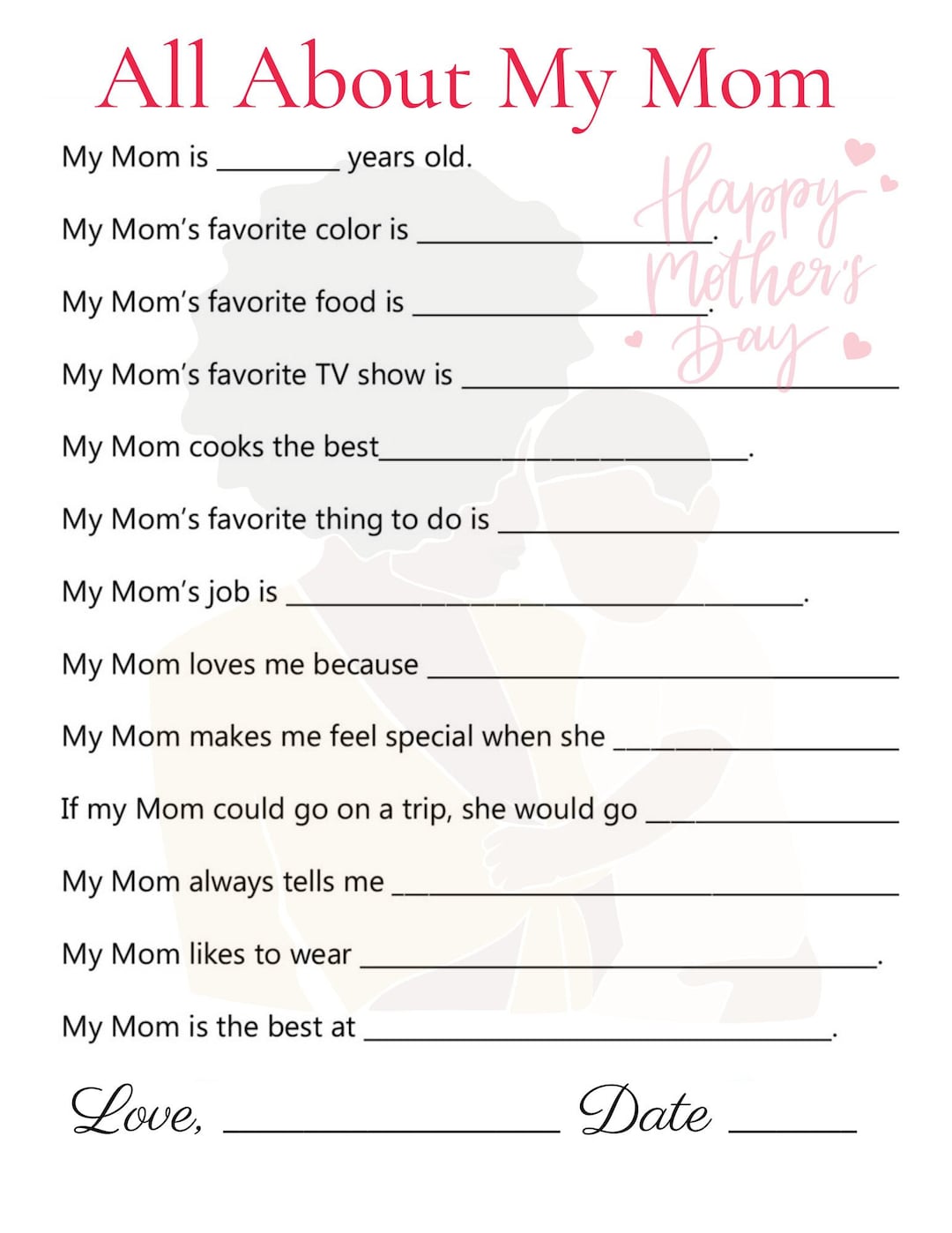 All About My Mom Printable Questionnaire, Mother's Day Gift (PNG Files ...