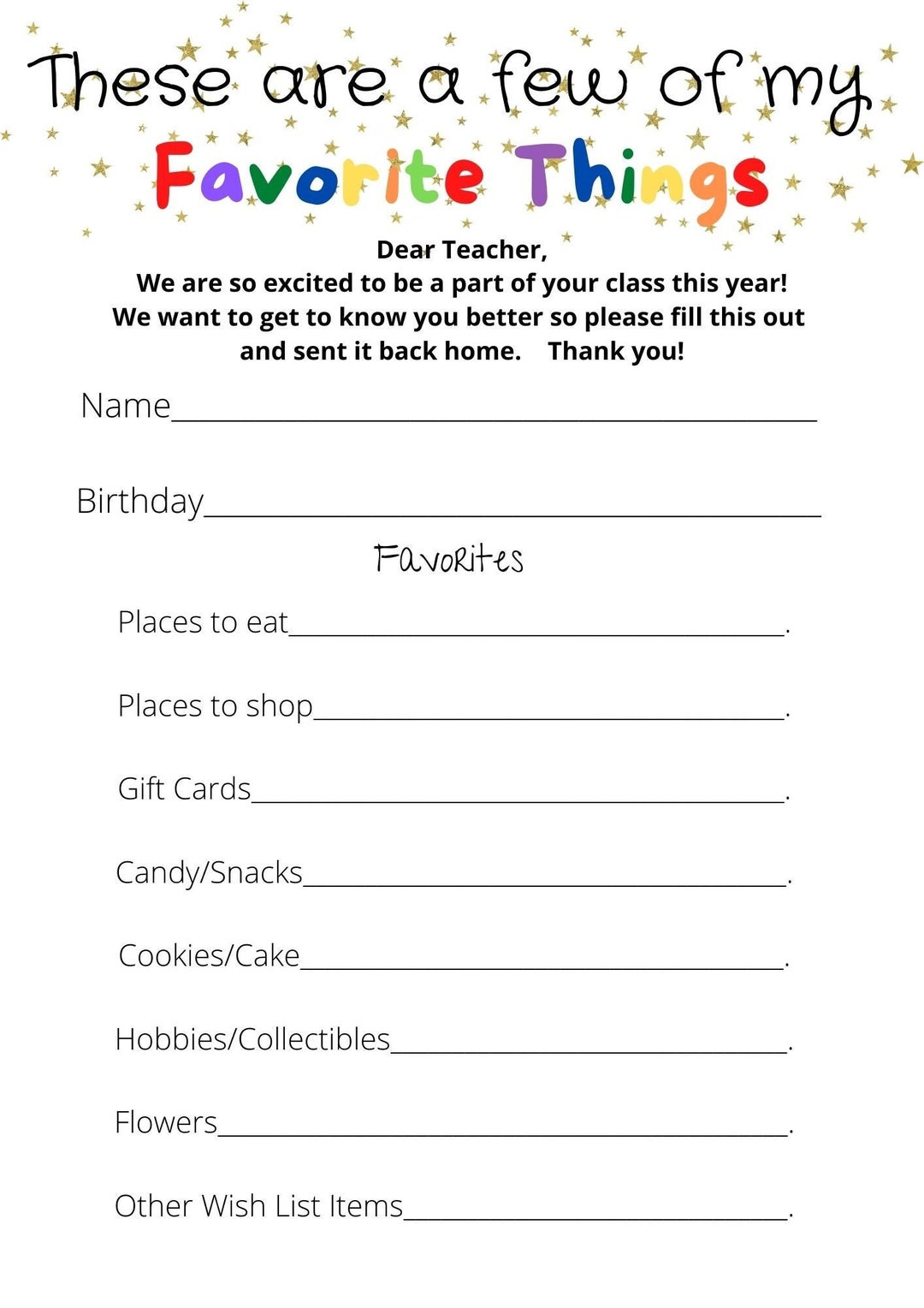 Teacher Favorite Things Printable, Teacher Interview, My Teacher ...