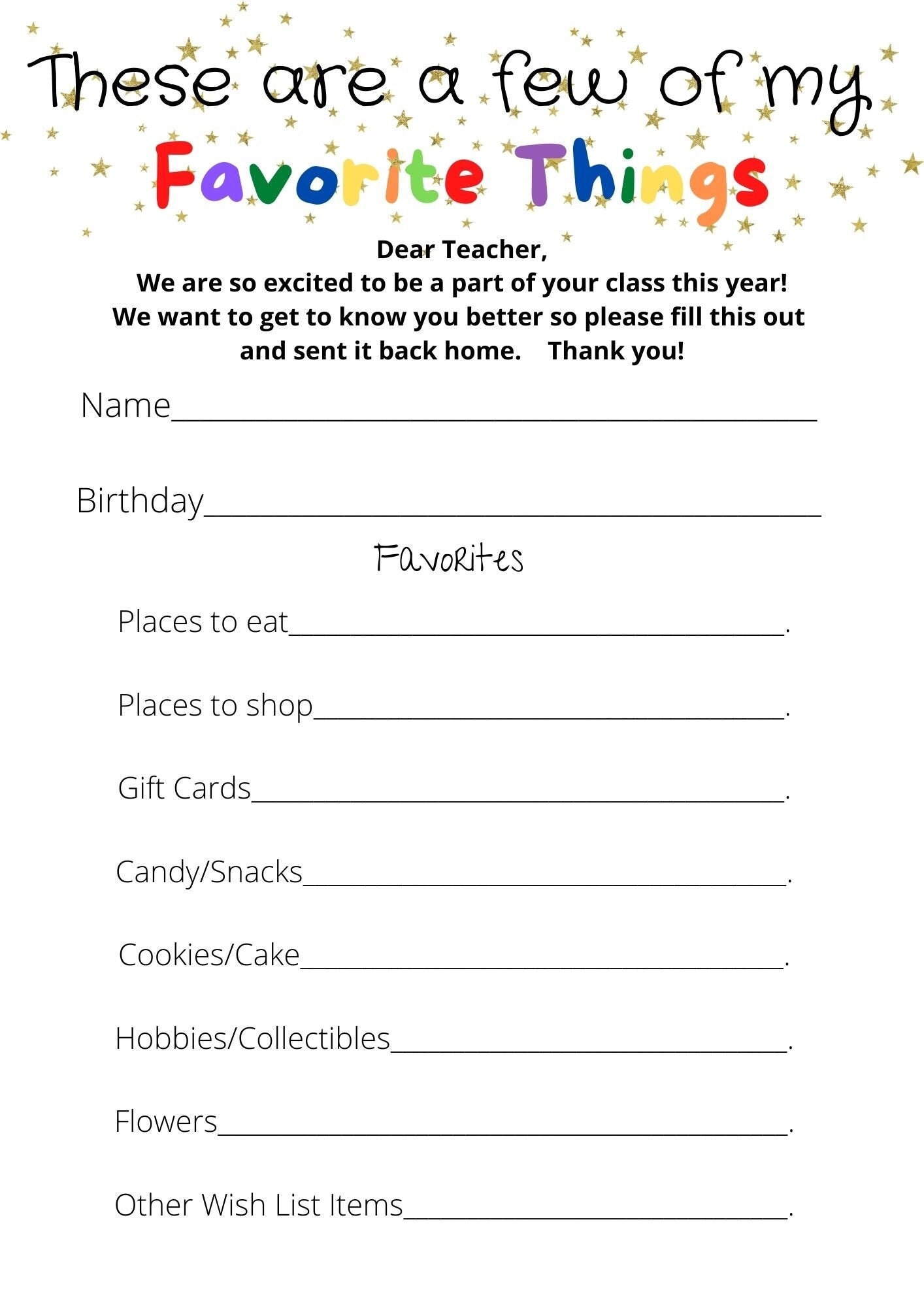 Teacher Favorite Things Interview Printable (PDF File) - Etsy