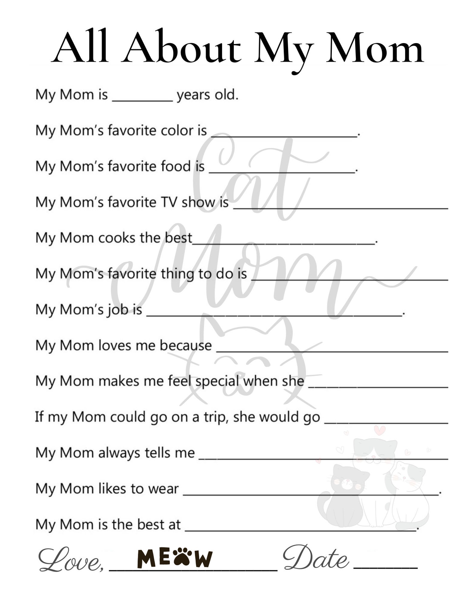 All About My Mom Questionnaire, Mother's Day Gift (PNG File) - Etsy