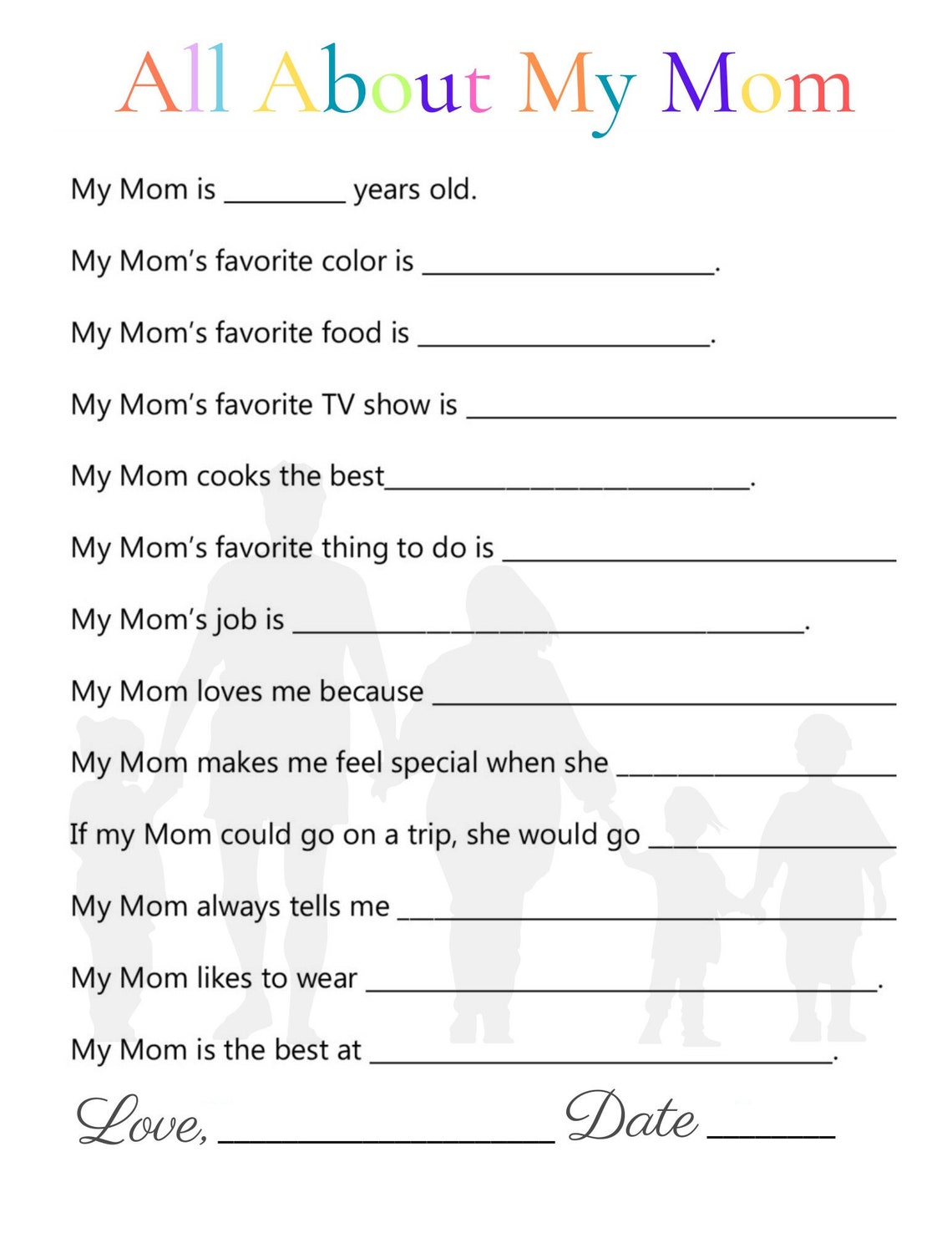All About My Mom Printable Questionnaire, Mother's Day Gift (PNG File ...