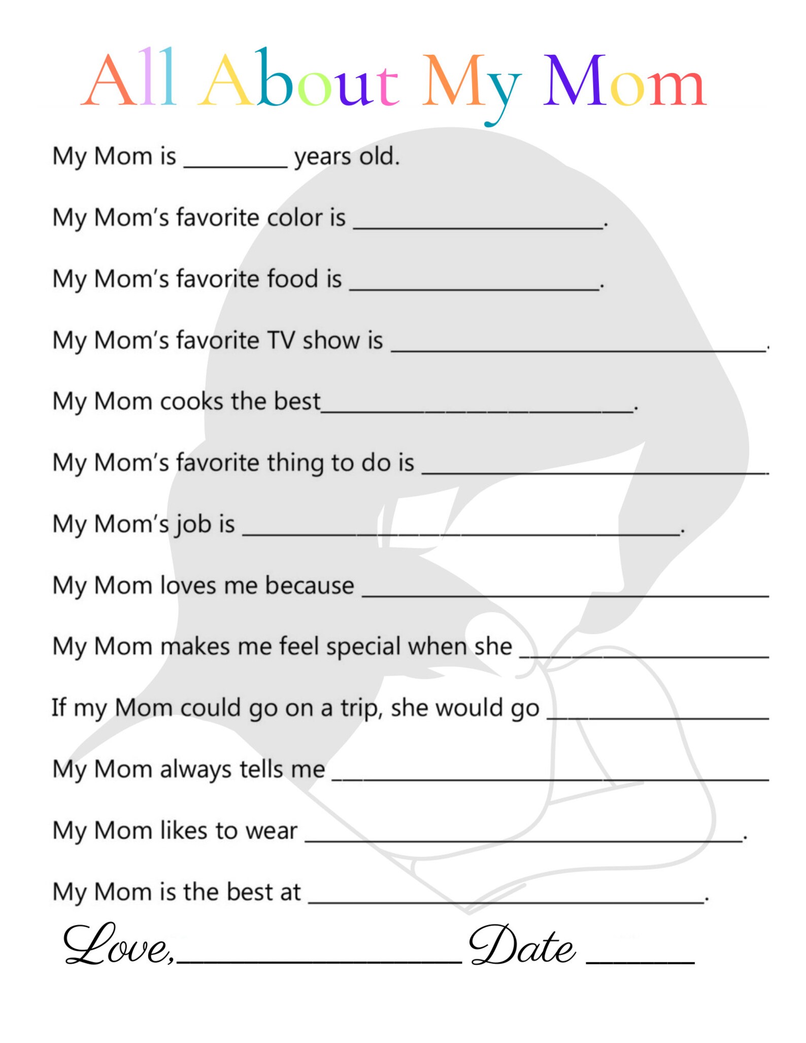 All About My Mom Printable Questionnaire, Mother's Day Birthday Gift ...