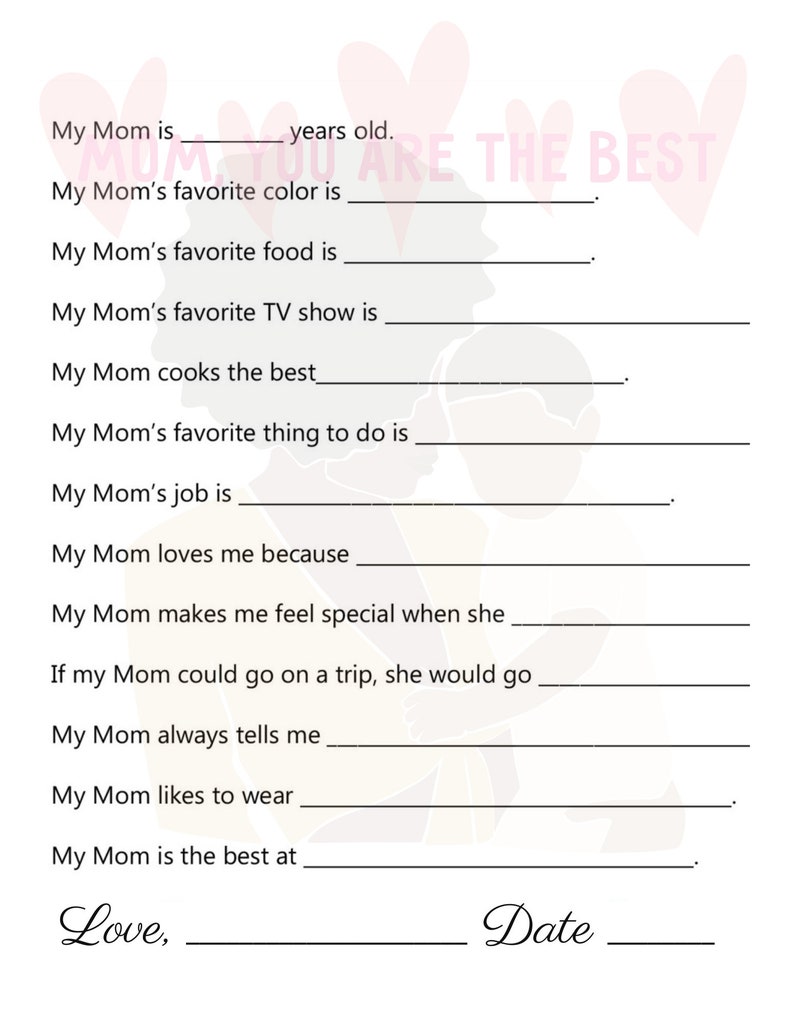 All About My Mom Printable Questionnaire, Mother's Day Gift (PNG Files ...