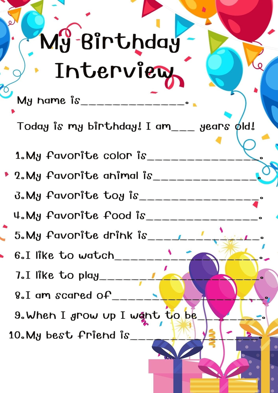 Birthday Interview Printable, Kid's Questionnaire, Keepsake (PDF) - Etsy