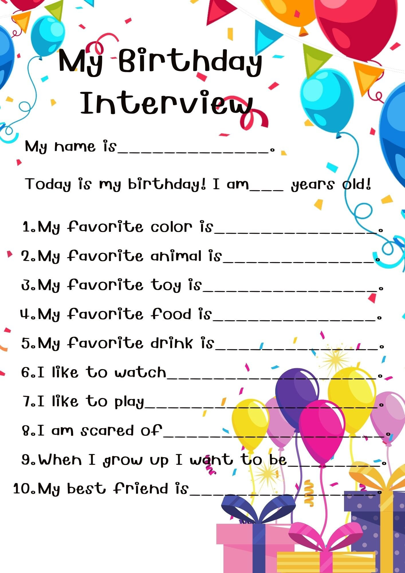 My Birthday Interview Printable, Kid's Birthday, Birthday Memory ...