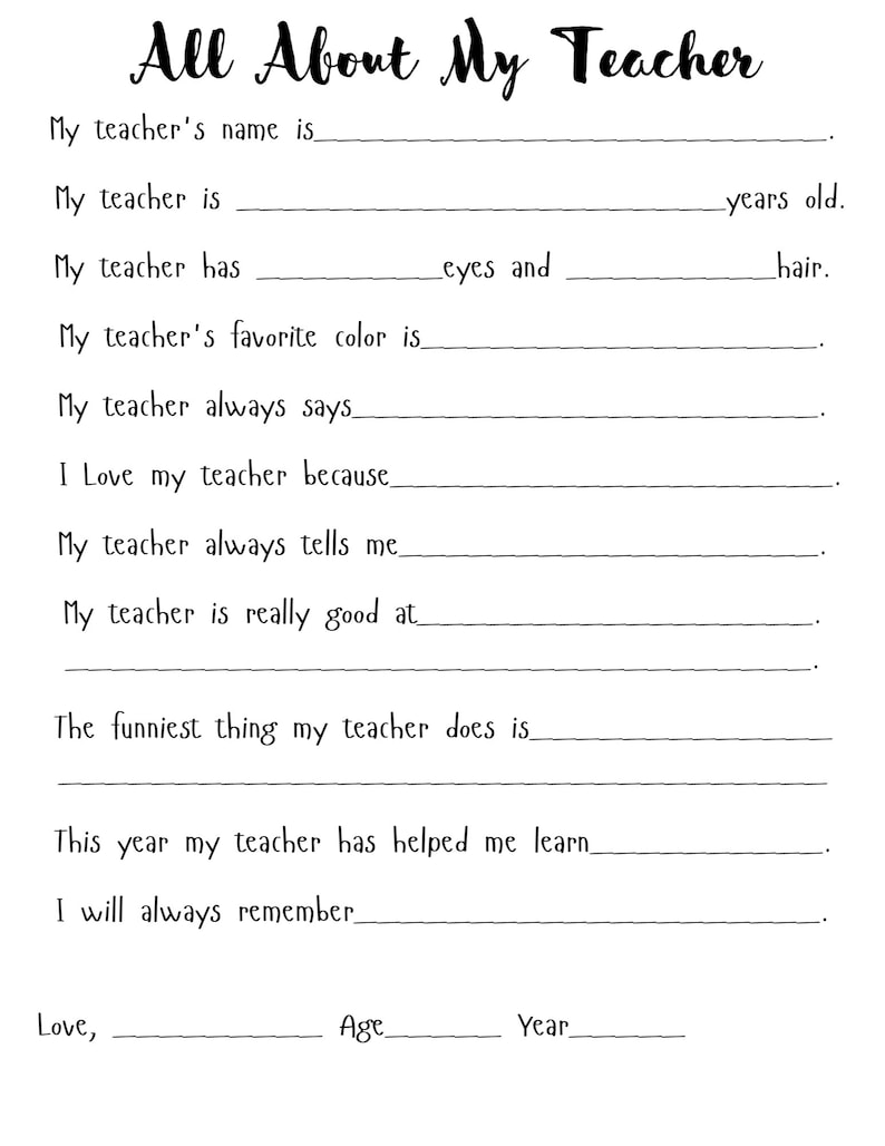 Teacher Questionnaire Printable, All About My Teacher Gift (JPG Files ...