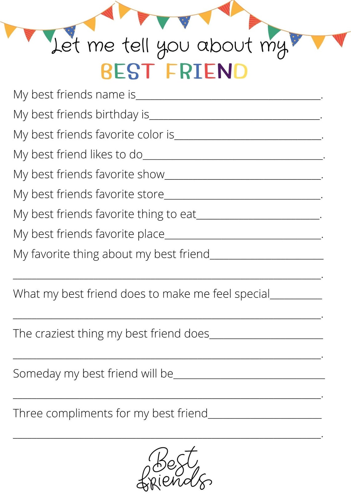 All About My Best Friend Printable, BFF Birthday, Best Friend Printable ...