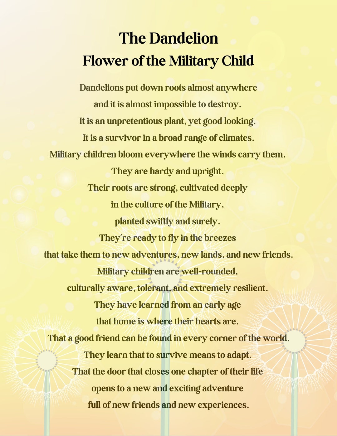Dandelion Flower of the Military Child, Military Child Printable ...