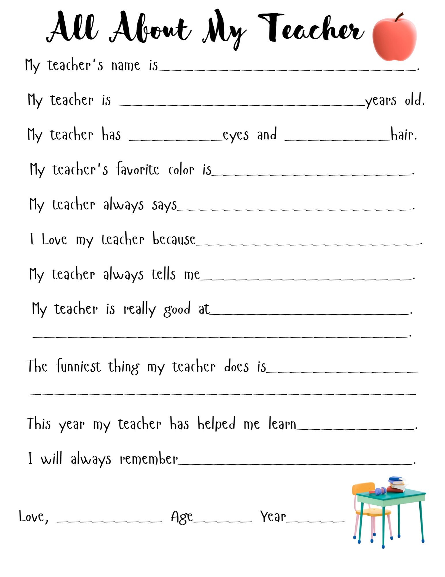 All About My Teacher 5 Printables, Teacher Birthday, Teacher Valentine ...