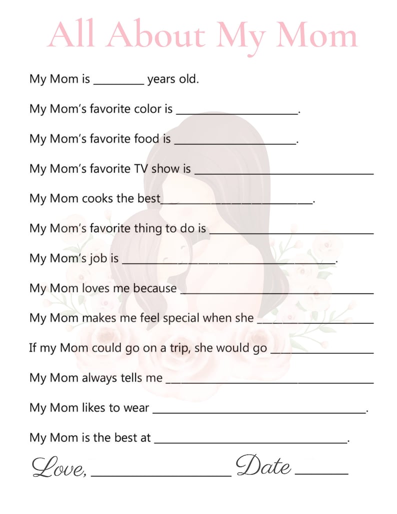All About My Mom Printable Questionnaire, Mother's Day Gift (PNG File ...