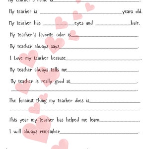 All About My Teacher 5 Printables, Teacher Birthday, Teacher Valentine ...