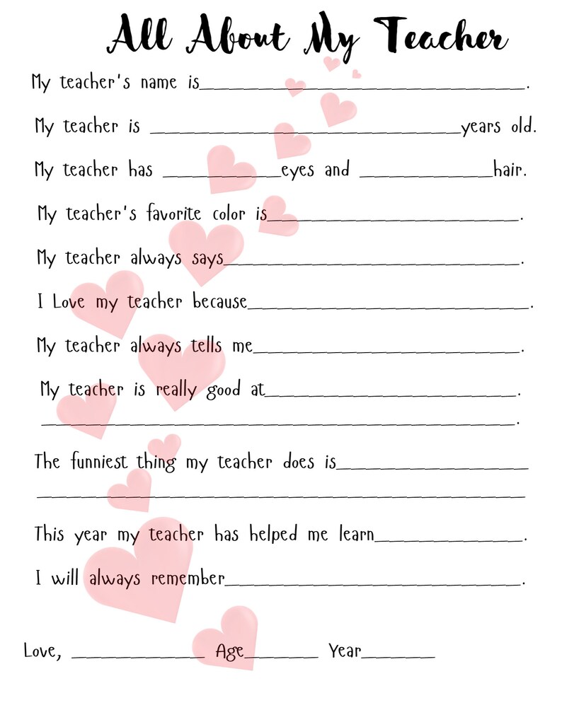 All About My Teacher 5 Printables, Teacher Birthday, Teacher Valentine ...