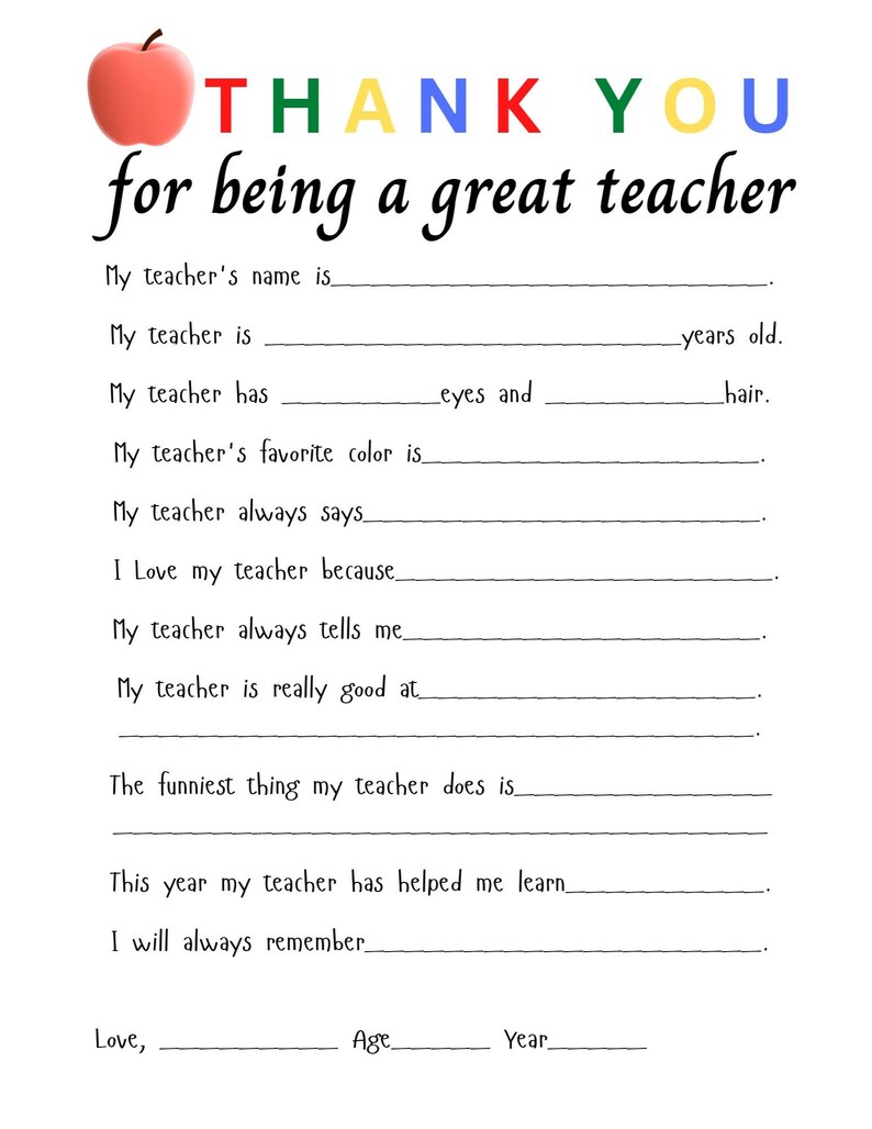 Teacher Appreciation Questionnaire | Printable Gift (JPG & PNG) - Etsy