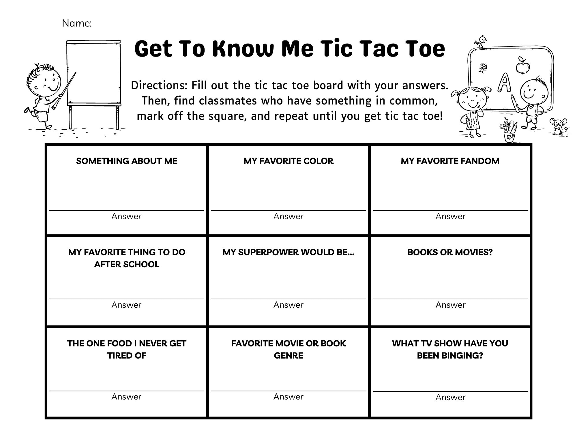 All About Me Tic Tac Toe Printable, Classroom Activity (PDF) - Etsy