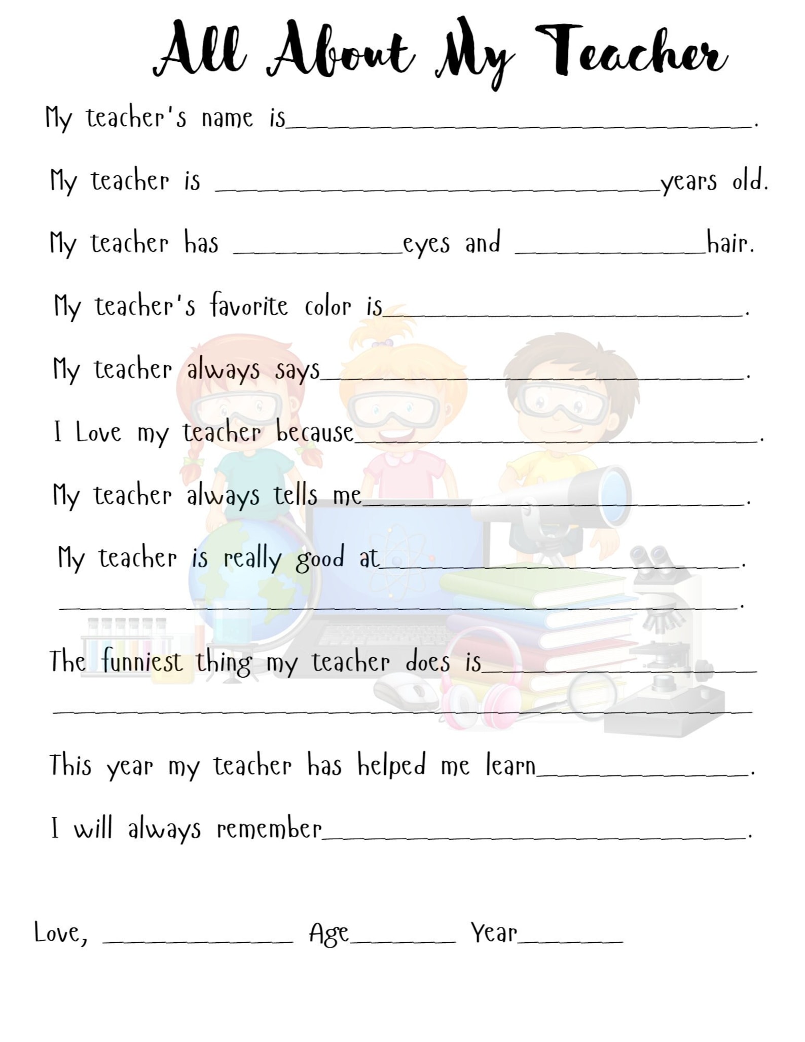 All About My Teacher 5 Printables, Teacher Birthday, Teacher Valentine ...