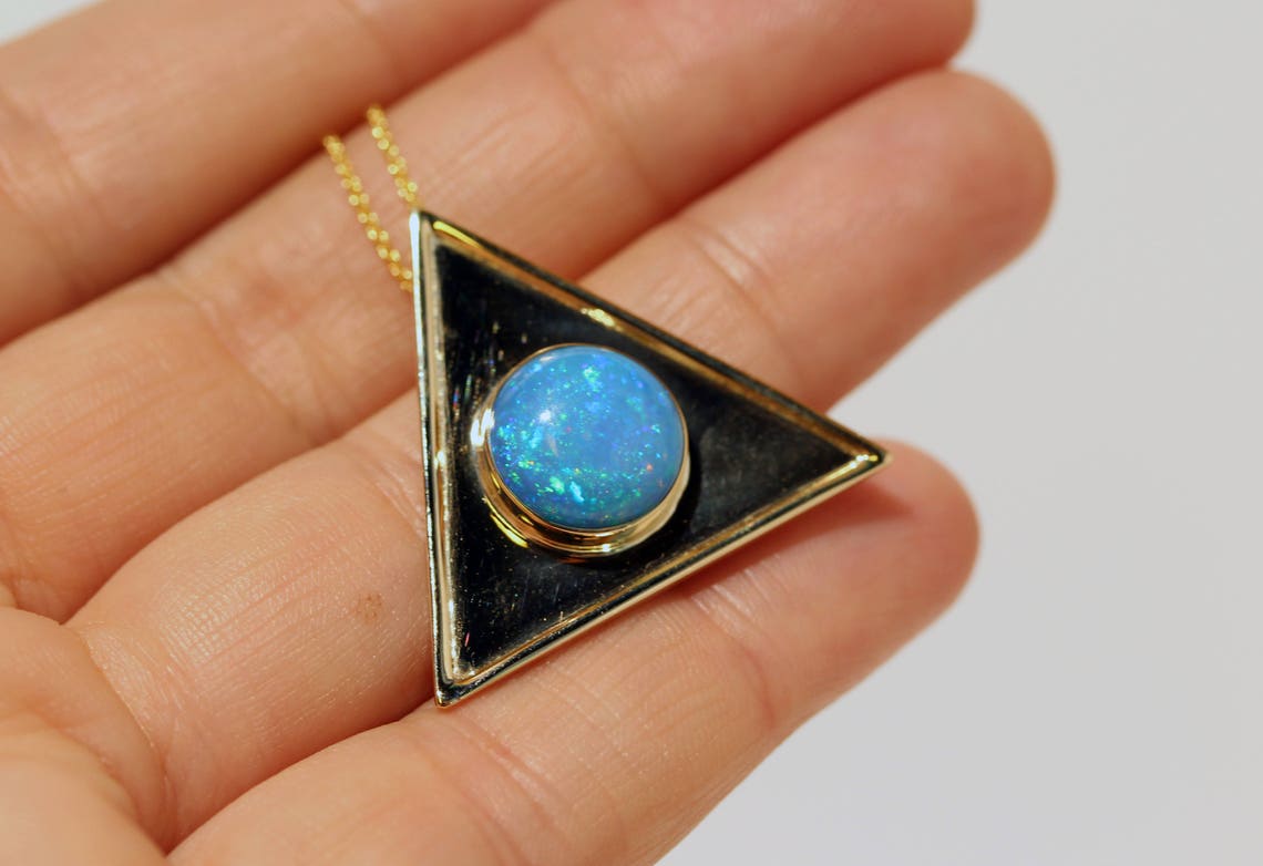 Natural Opal Triangle Pendant - 14k Yellow Gold - Natural Gemstone ...