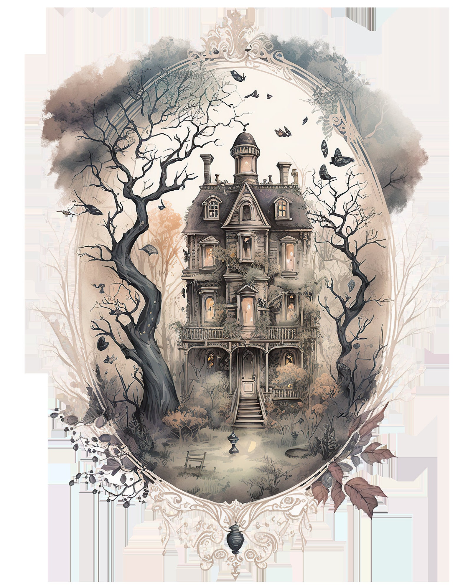 Haunted Mansion Watercolor Clipart Spooky Wall Art Gothic Halloween ...