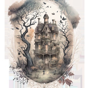 Haunted Mansion Watercolor Clipart Spooky Wall Art Gothic Halloween ...