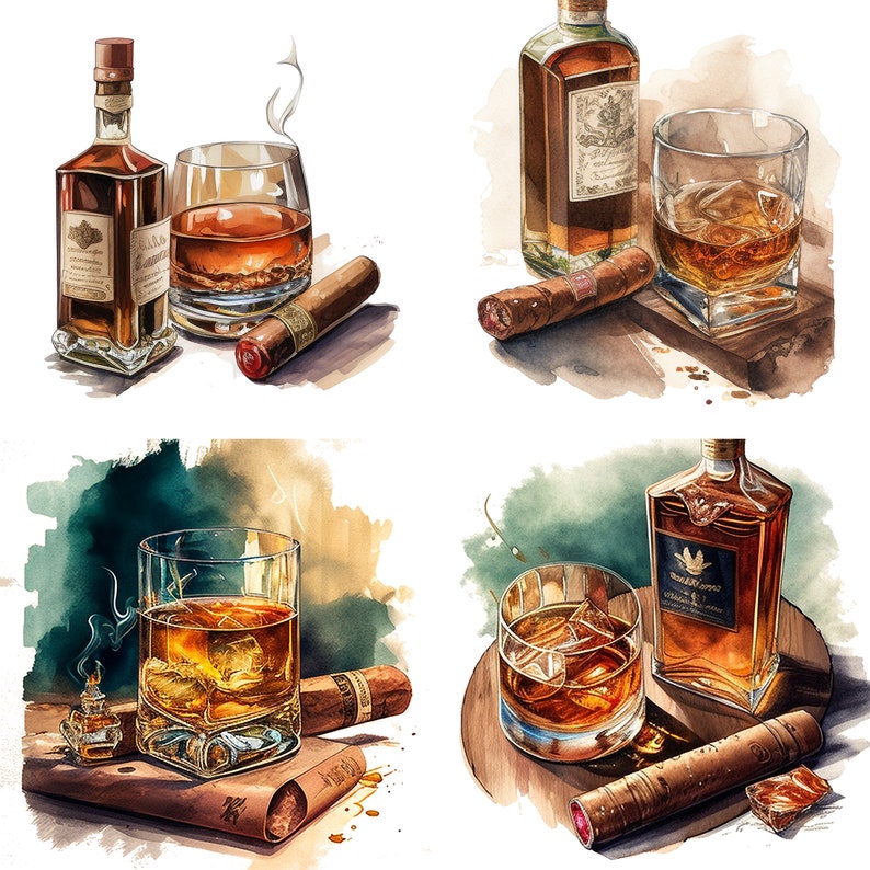 Watercolor Cigar and Bourbon Clipart, Set of 4 PNG Files Cigar Lounge ...