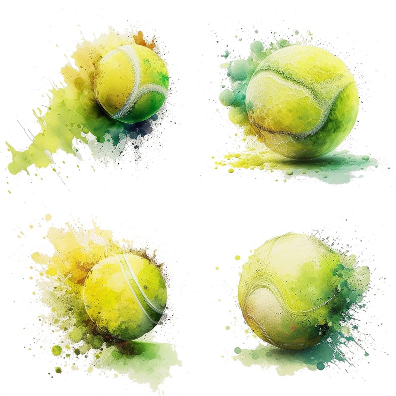 Tennis Ball Watercolor Clipart Set 4 Digital Downloads for Sports Art ...