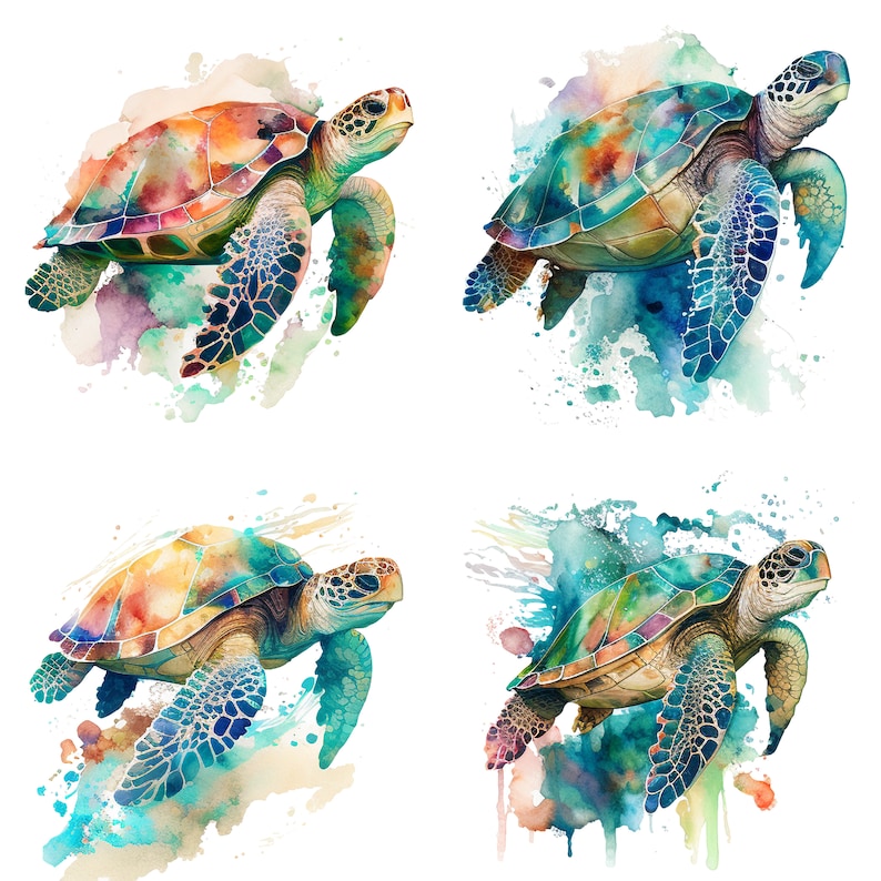 Watercolor Sea Turtle Clipart Set of 4 Digital Download Sea - Etsy