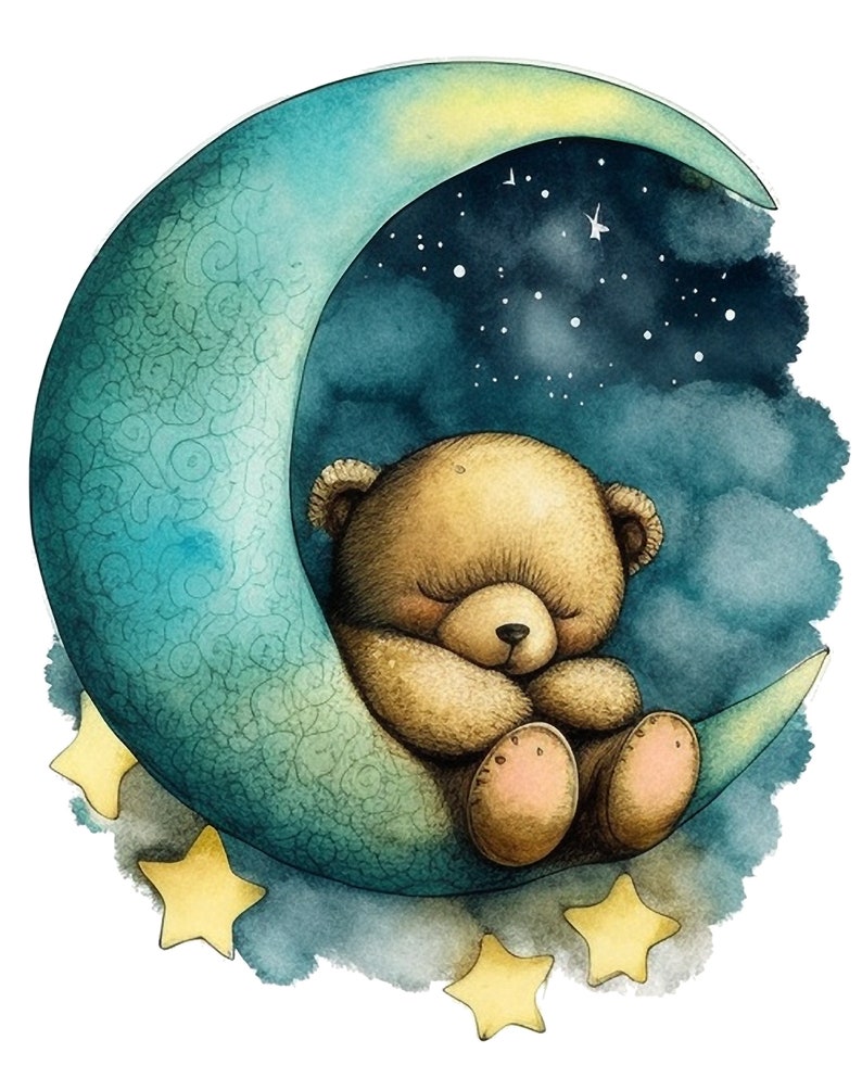 Watercolor Teddy Bear Sleeping With Crescent Moon - Nursery Clipart and ...