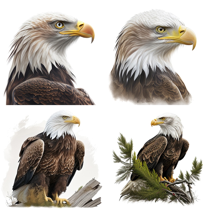 Set of 4 Watercolor Bald Eagle Portraits for Commercial Use, Digital ...