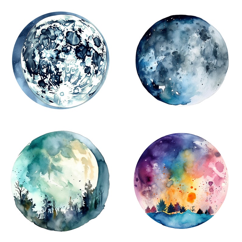 Moon Watercolor Clipart Set of 4 PNG Digital Downloads for - Etsy
