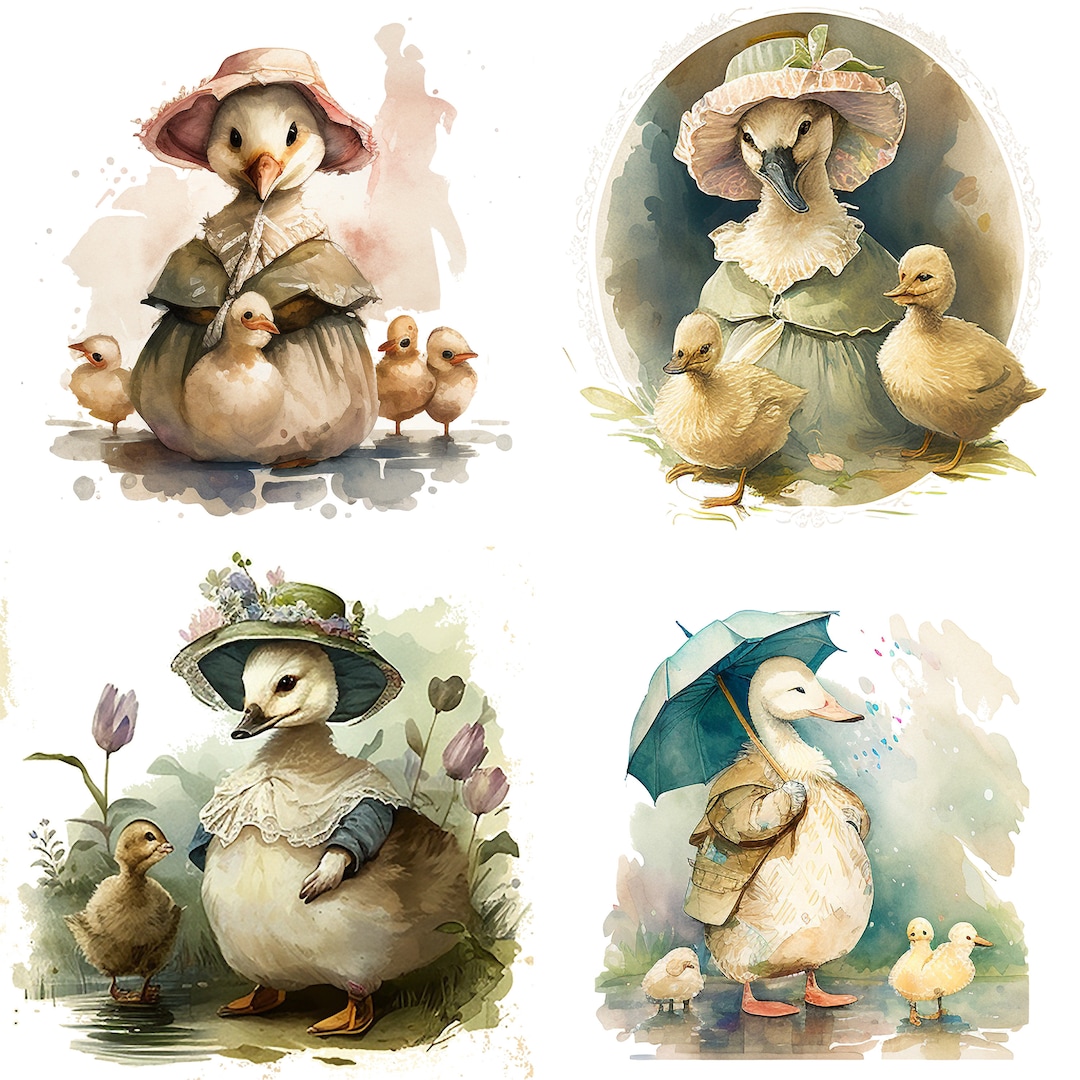 Watercolor Mother Goose With Chicks Clipart Set of 4 PNG Files Digital ...