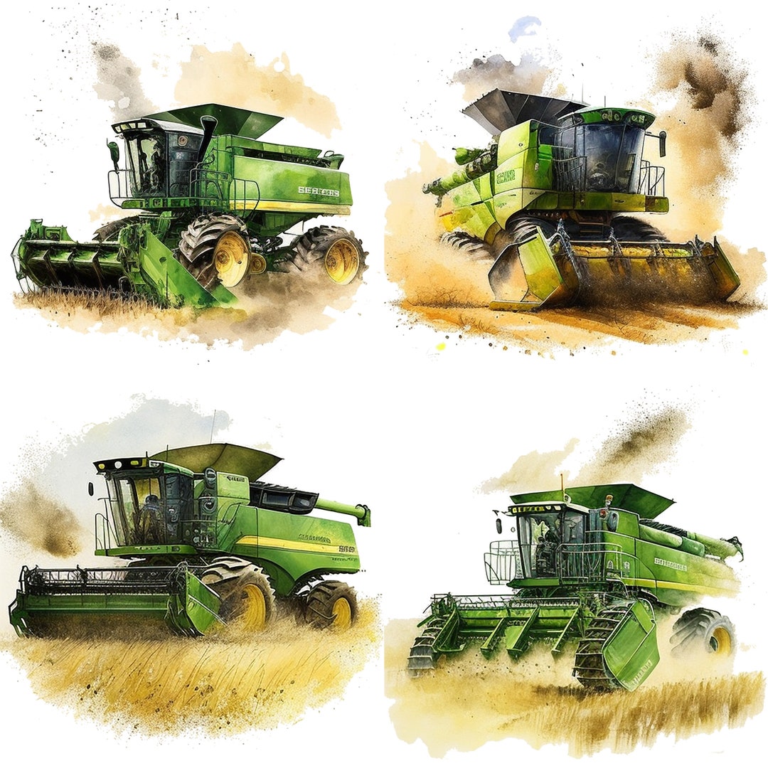 Set of 4 Green Combine Clipart Files Harvester Tractor Watercolor Farm ...
