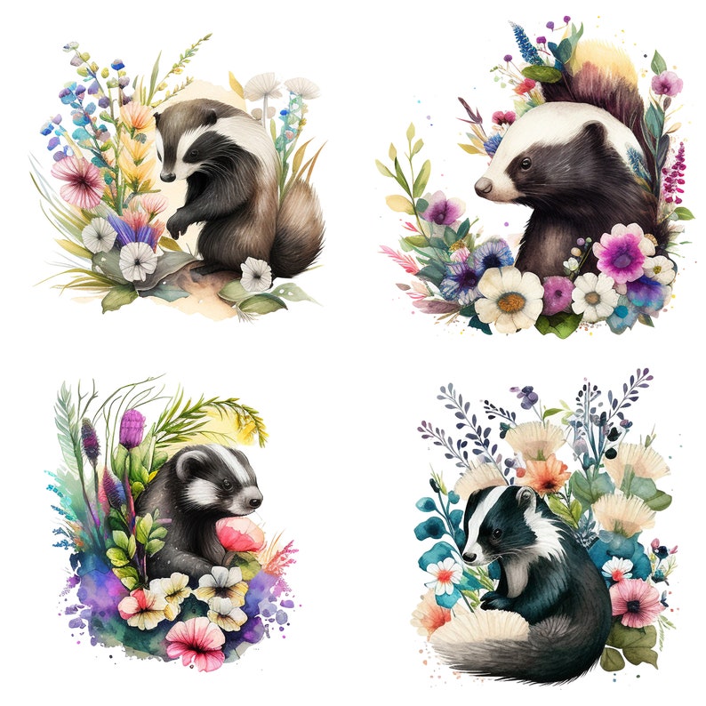 Cute Skunk Watercolor Clipart Skunk Flowers PNG Commercial Use - Etsy