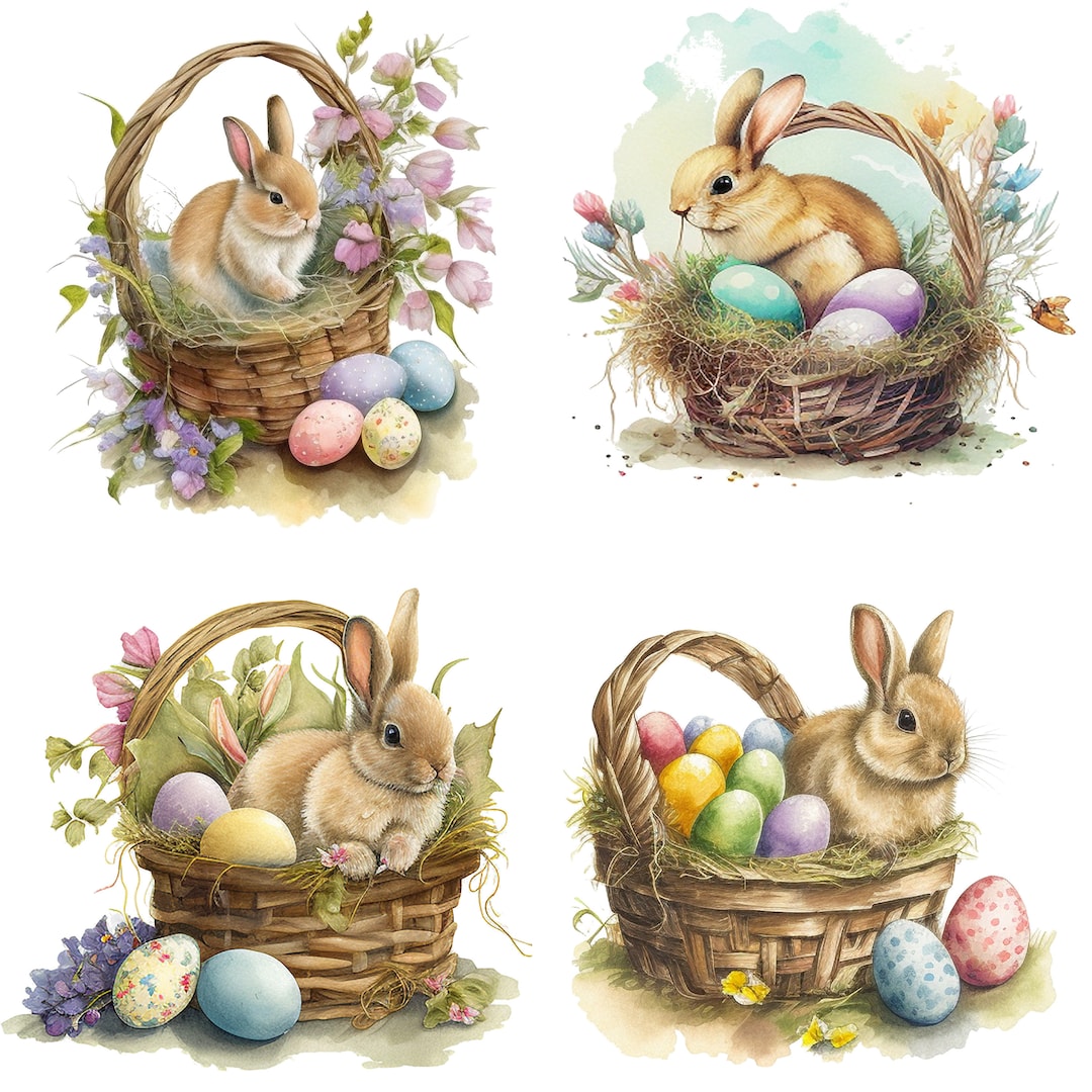 Watercolor Easter Bunny Easter Basket Set of 4 Clipart PNG Files ...