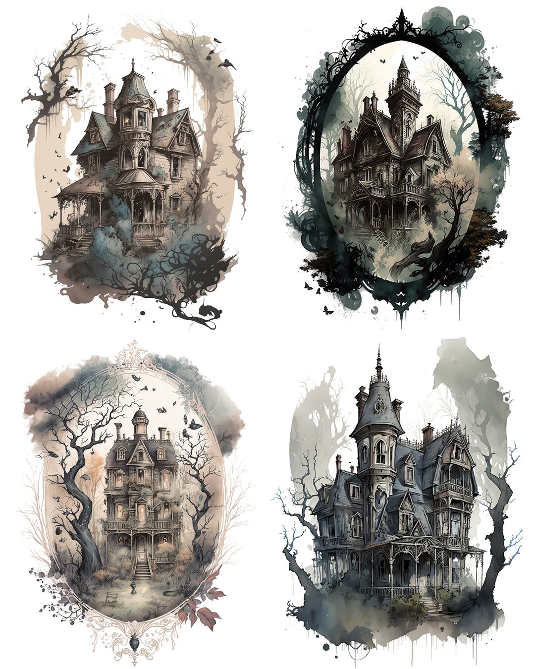 Haunted Mansion Watercolor Clipart Spooky Wall Art Gothic Halloween ...
