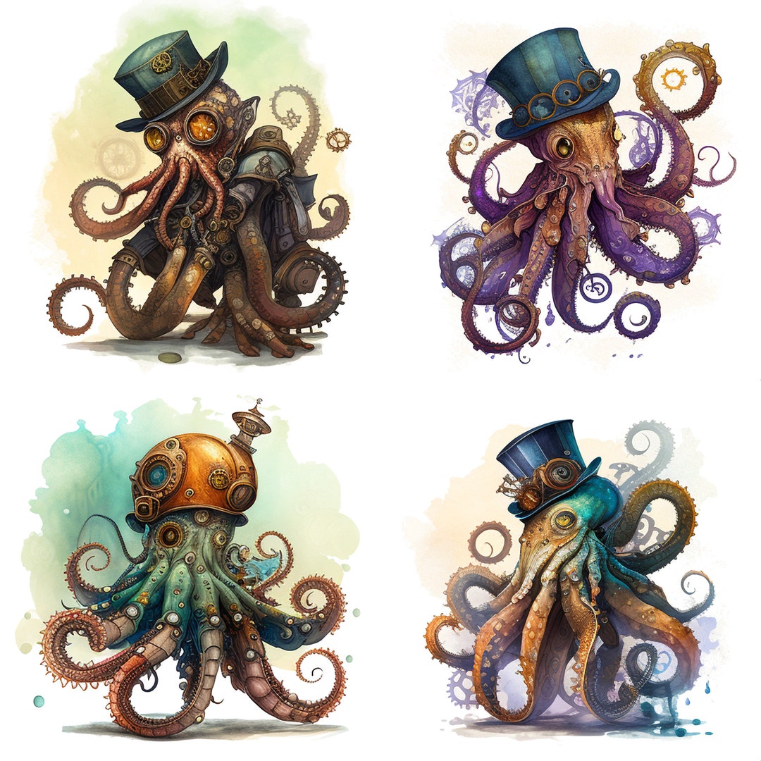 Watercolor Steampunk Octopus Set of 4 Png Clipart Files Steam Punk ...